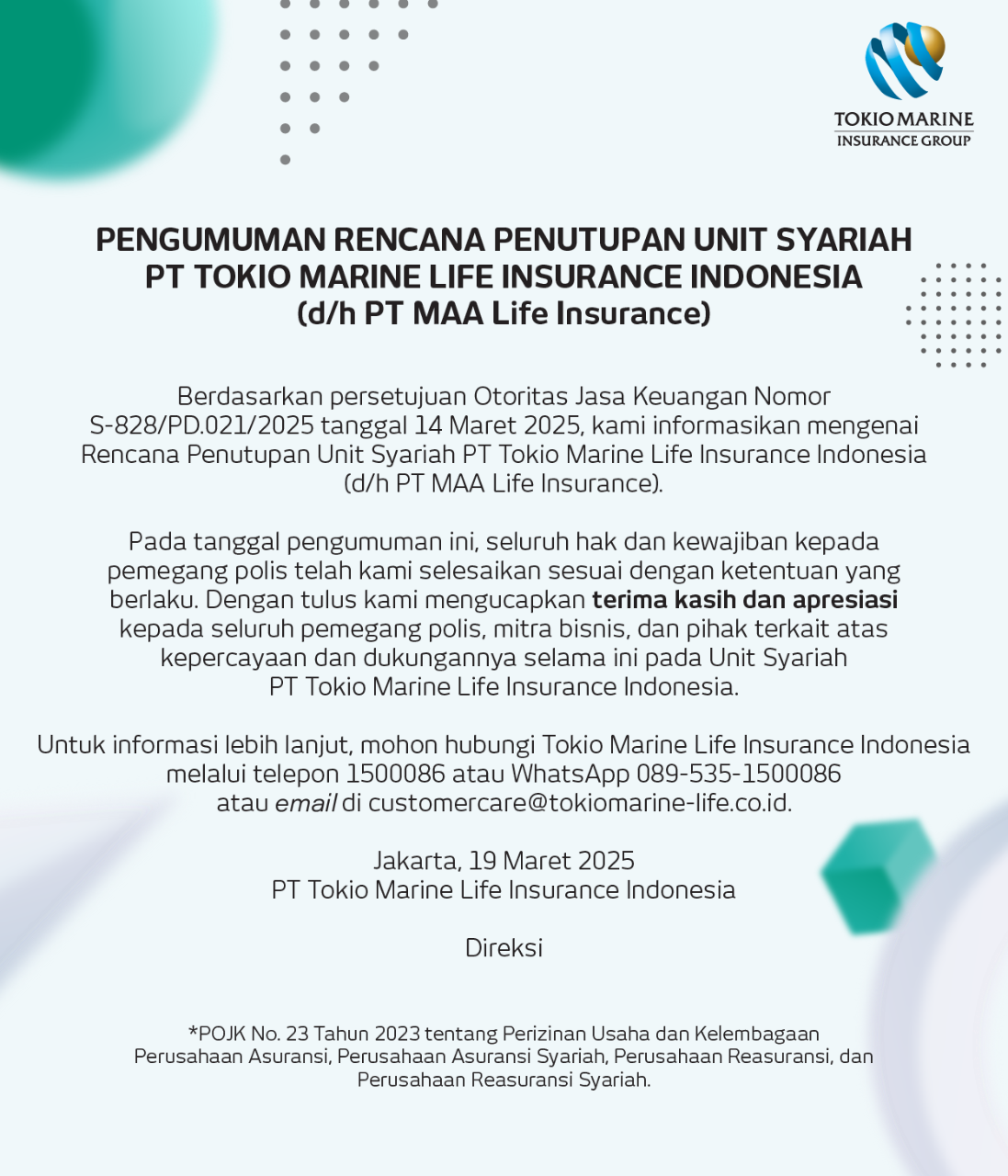 Article Announcement Press Release Penutupan Unit Syariah